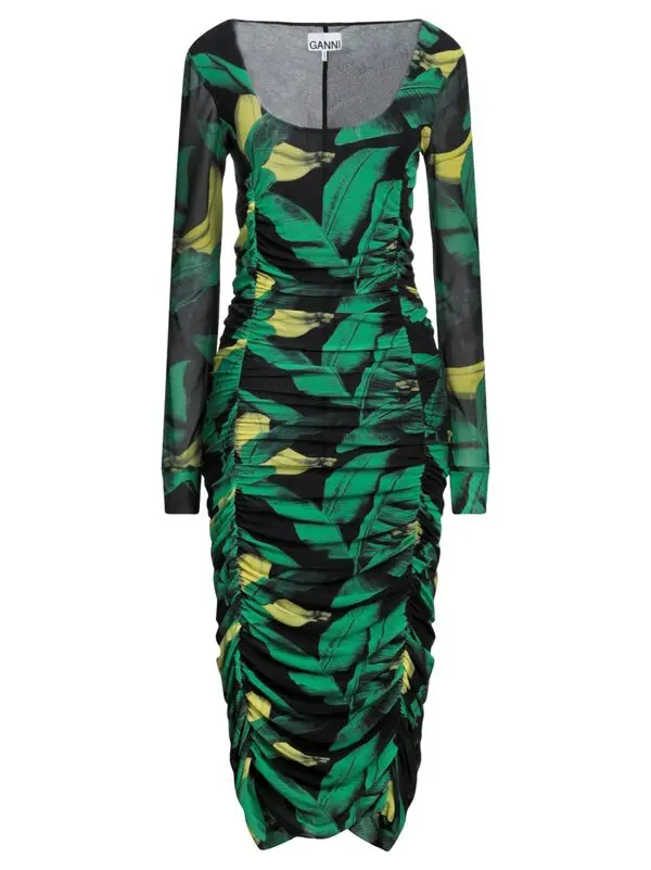 GANNI Long Sleeve Ruched Tropical Print Dress - Green