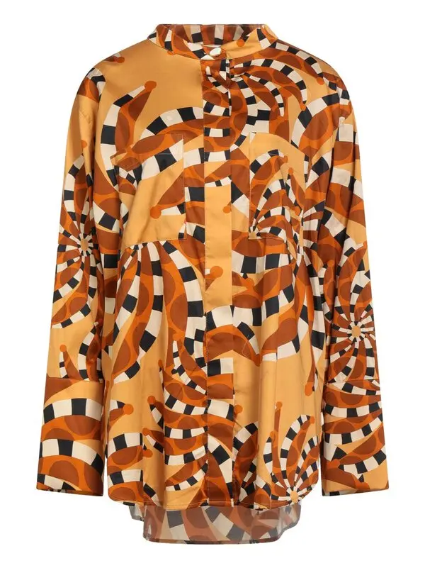 Farm Rio Printed Band Collar Long Sleeve Shirt - Orange