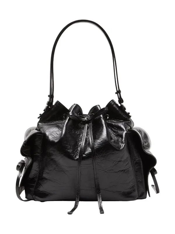 Acne Studios Drawstring Ruffled Leather Shoulder Bag - Black