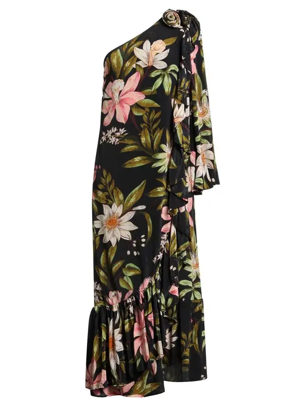 Farm Rio One-shoulder Floral Maxi Dress - Black