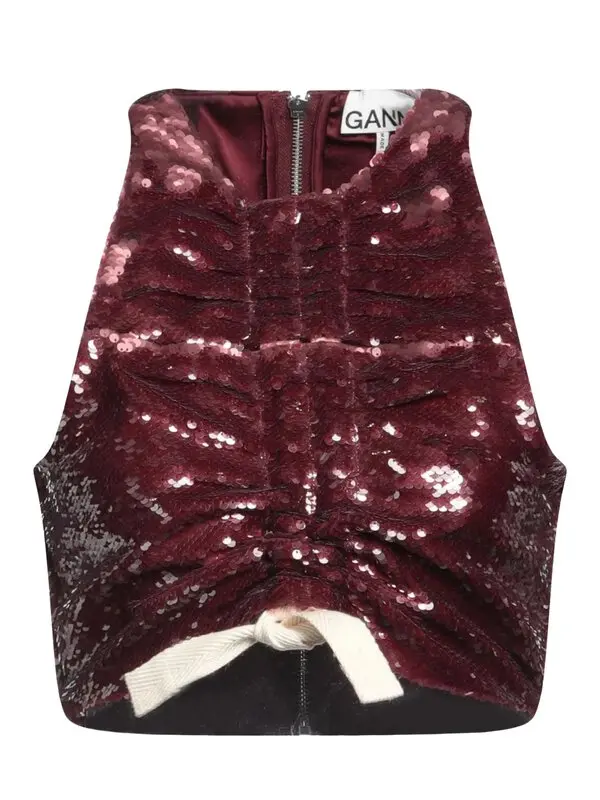 GANNI Sequined Crewneck Crop Top - Red