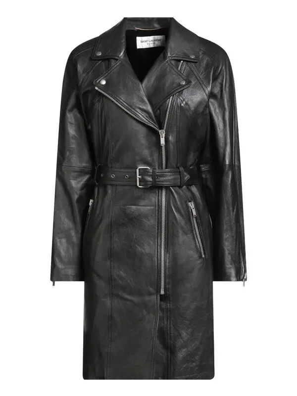 Saint Laurent Belted Leather Coat - Black