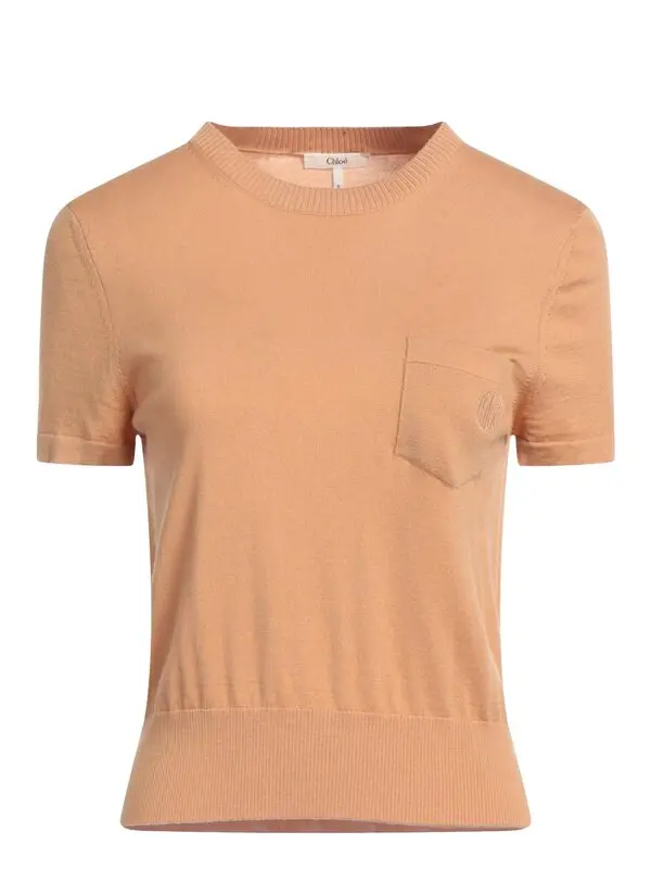Chloé Wool Knit Embroidered Logo Short Sleeve Jumper - Nude