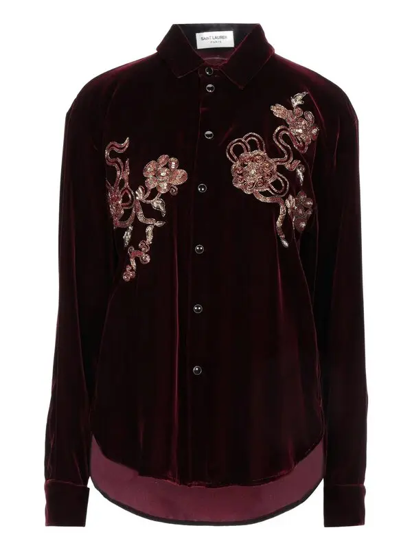 Saint Laurent Embellished Velvet Long Sleeve Shirt - Black
