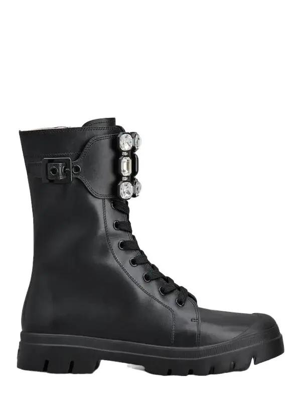 ROGER VIVIER Walky Viv Strass Buckle Lace Up Boots In Leather - Black