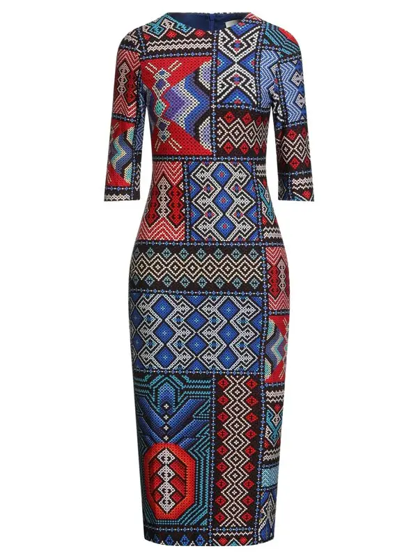 Farm Rio Round Neck Multi-colored Pattern Midi Dress - Black