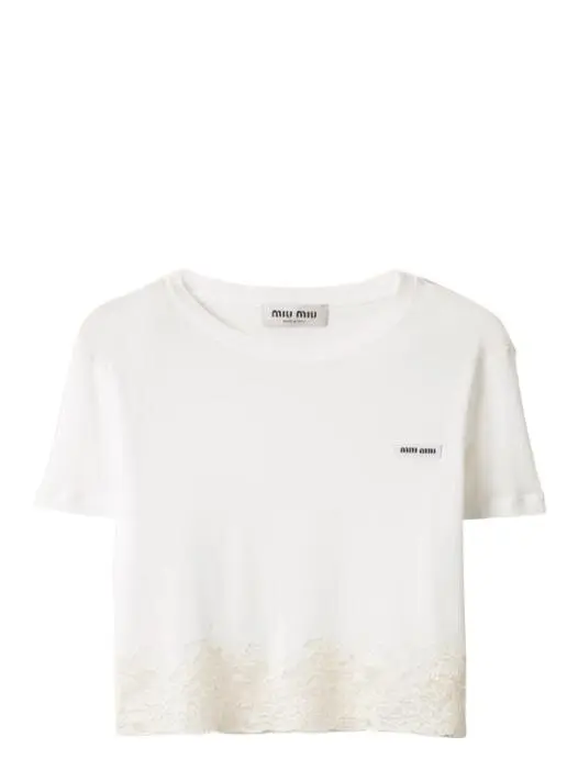 Miu Miu Ribbed Jersey And Lace Trimmed T-shirt - White