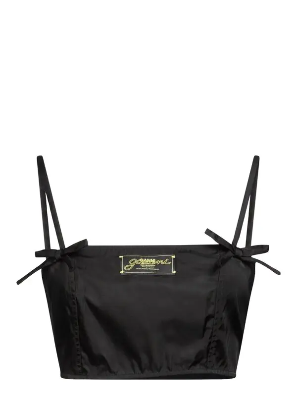 GANNI Sleeveless Square Neck Shirred Cropped Top With Brand Logo - Black
