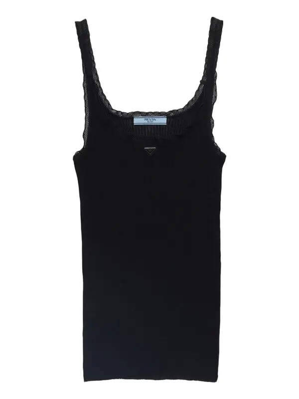 Prada Ribbed Cotton Tank Top With Lace Trim - Black