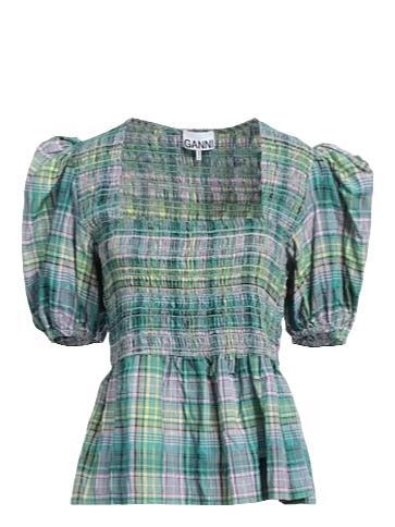 GANNI Woven Gathered Tartan Pattern Square Neckline Blouse - Green