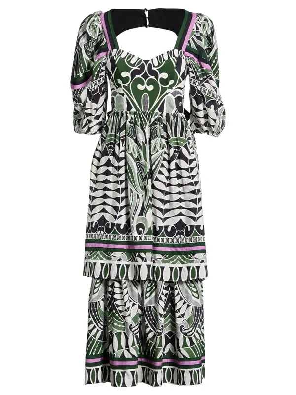 Farm Rio Printed Tiered Maxi Dress With Bow Detail - Gray