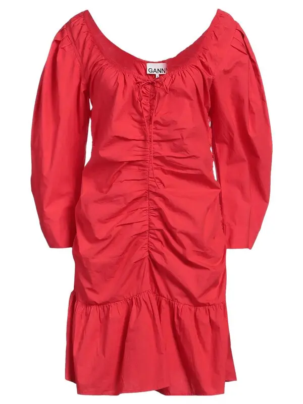 GANNI Pleated Dress With Flared Skirt And Deep V Neckline - Red