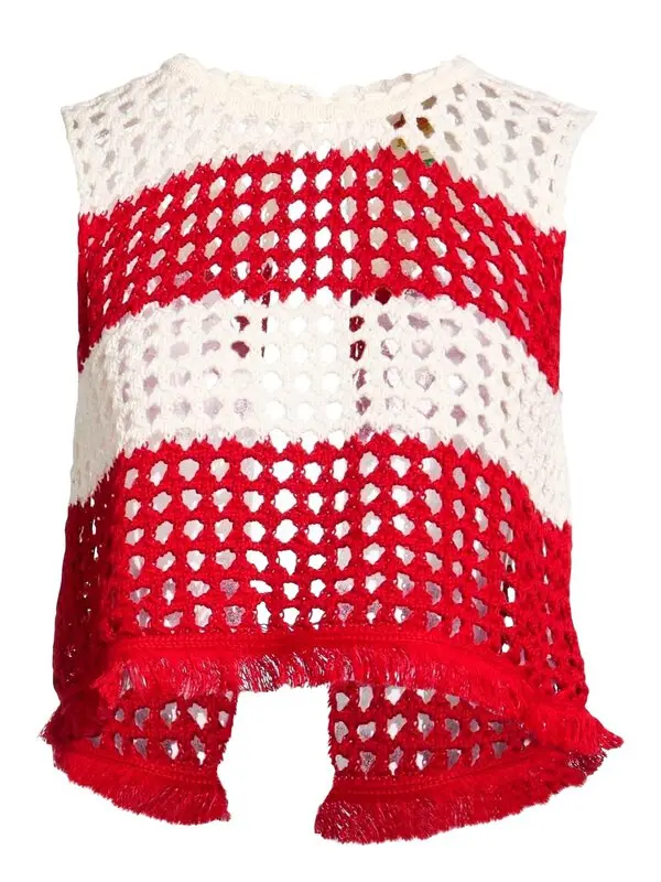 Farm Rio Sleeveless Crochet Knit Top With Fringe - Red
