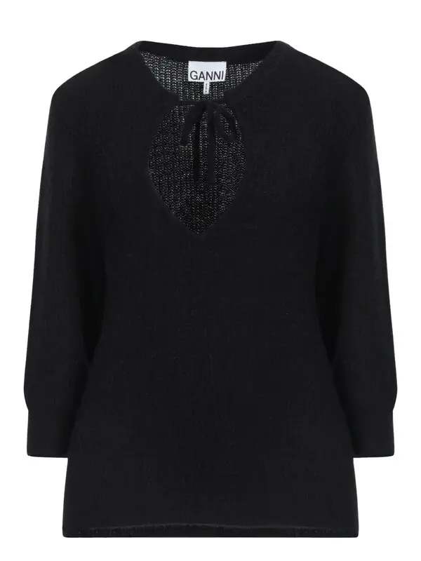 GANNI Crewneck 3/4 Sleeve Tie Detail Jumper - Black