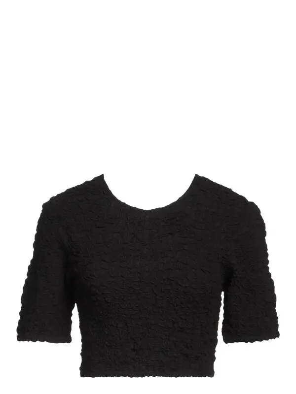 GANNI Textured Cropped Top With Short Sleeves - Black