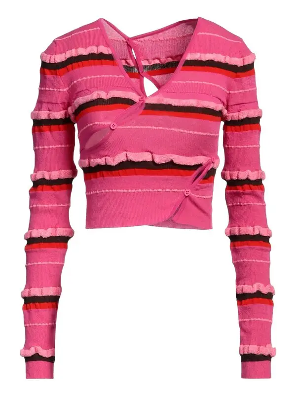 Jacquemus Striped V-neck Long Sleeve Sweater With Ruffle Detail - Fuchsia