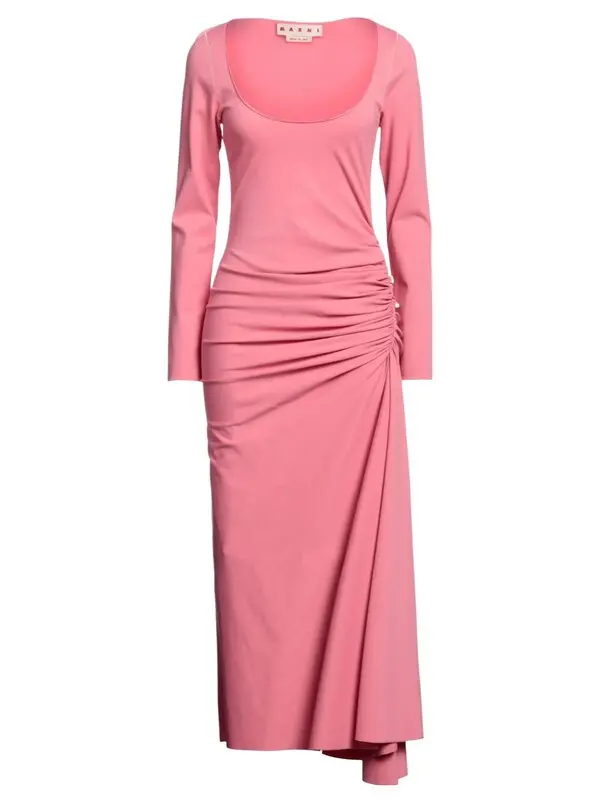 Marni Crewneck Long Sleeve Gathered Midi Dress - Pink