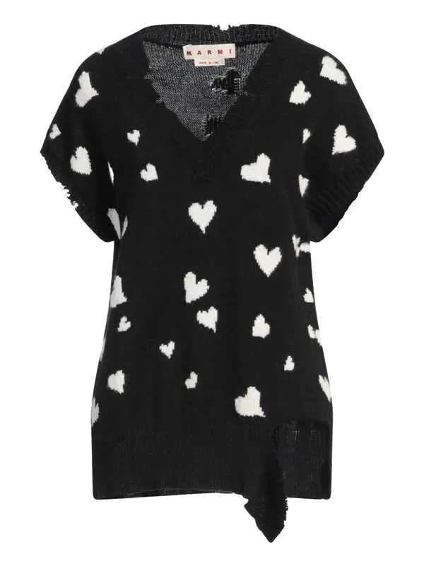 Marni Two-tone Heart Print V-neck Knit Top - Black