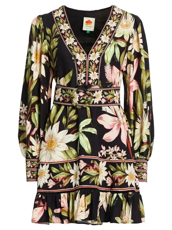 Farm Rio Long Sleeve V-neck Floral Dress - Black