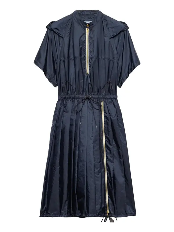 Prada Light Re-nylon Midi Dress With Hood And Pleated Skirt - Blue