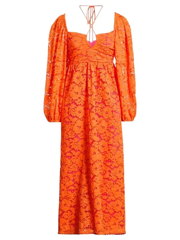 Farm Rio Long Sleeve Floral Lace Maxi Dress - Red