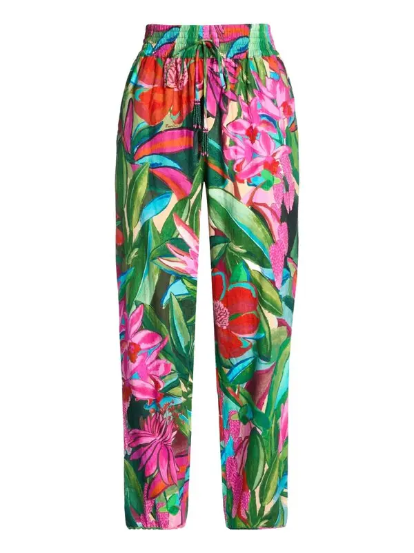 Farm Rio Floral Print Drawstring Waist Pants - Green