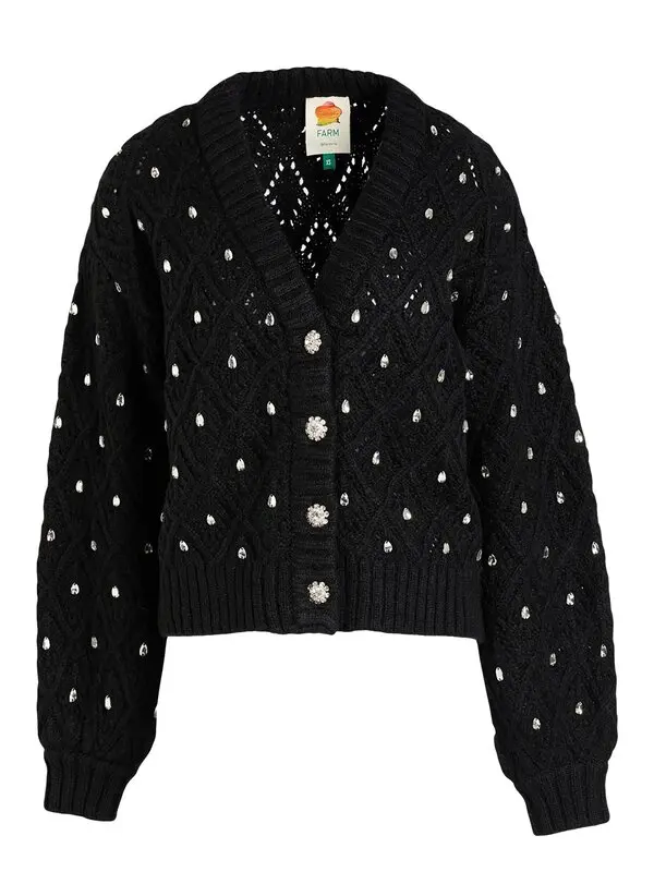 Farm Rio Embellished Long Sleeve Knit Cardigan - Black