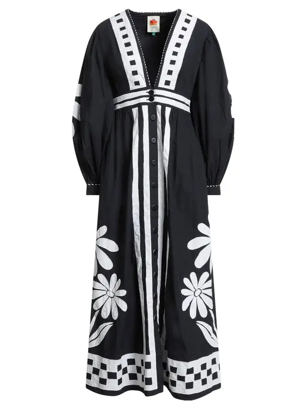 Farm Rio Long Sleeve V-neck Button Front Maxi Dress With Floral Detail - Black