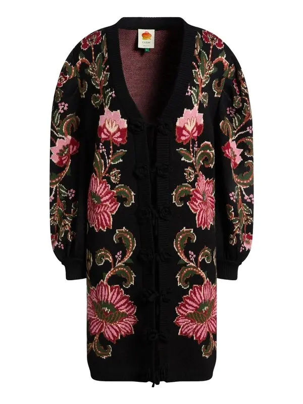 Farm Rio Floral Jacquard-knit Long Sleeve Cardigan - Black
