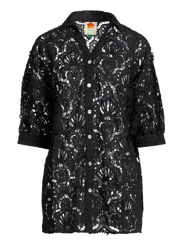 Farm Rio Openwork Lace Shirt With Classic Lapel - Black