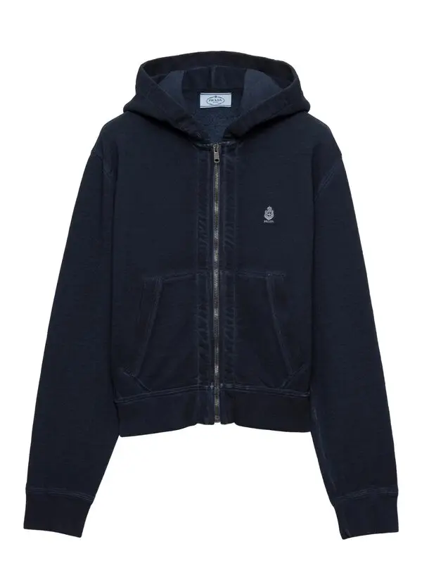 Prada Embroidered Logo Cotton Zip-up Hoodie - Blue