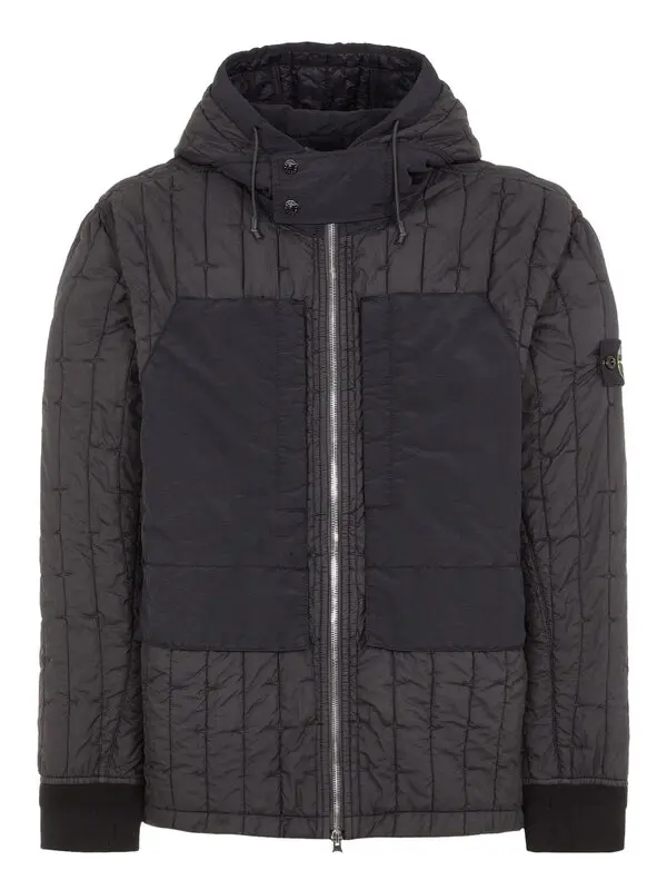 Stone Island Logo Patch Quilted Zip-up Jacket - Black