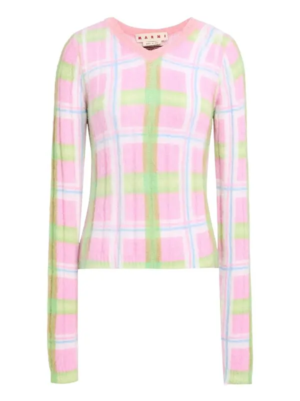 Marni Plaid Lightweight Knit V-neck Sweater - Pink