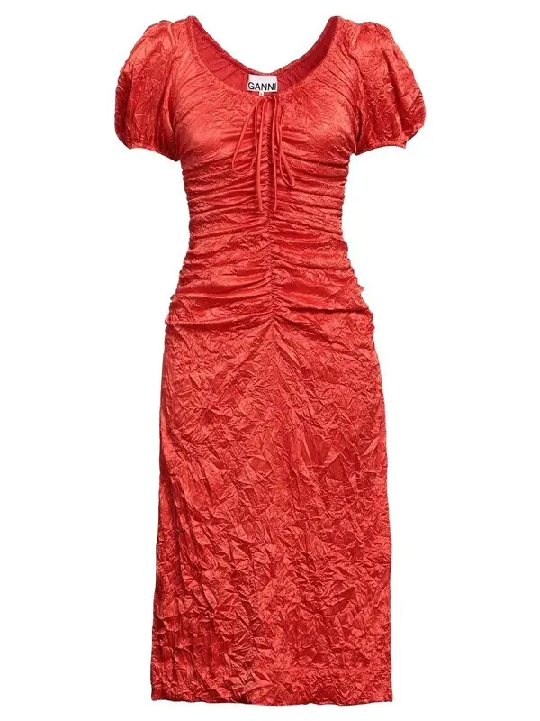 GANNI Gathered Flared Dress With Bow-tie Neckline - Red