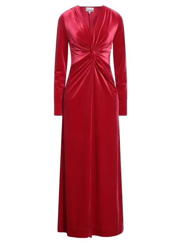 GANNI Velvet Flared Maxi Dress With Deep Neckline And Front Slit - Red