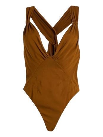 Saint Laurent Deep Plunge Bodysuit With Draped Detail - Brown