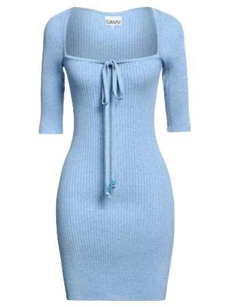 GANNI Ribbed Knit Square Neck Dress With Tie Detail - Blue