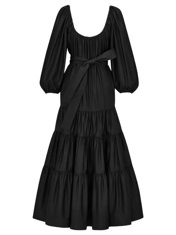 Saint Laurent Long Sleeve V-neck Maxi Dress With Belt And Tiered Skirt - Black