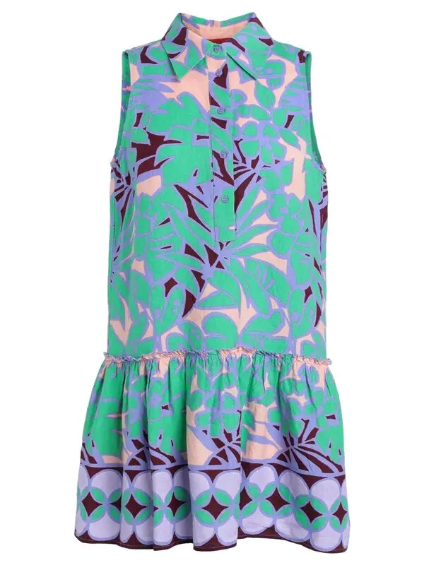 MAXCO. Max&co. Sleeveless Collared Floral Print Linen Shirt Dress With Gathered Hem - Blue