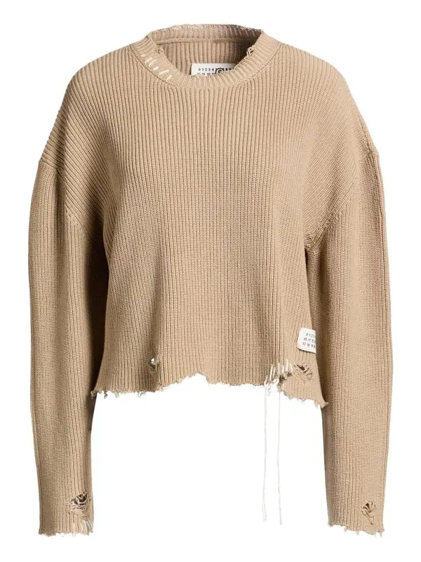 MAISON MARGIELA Ribbed-knit Crewneck Jumper With Raw-cut Hem And Appliqués - Nude
