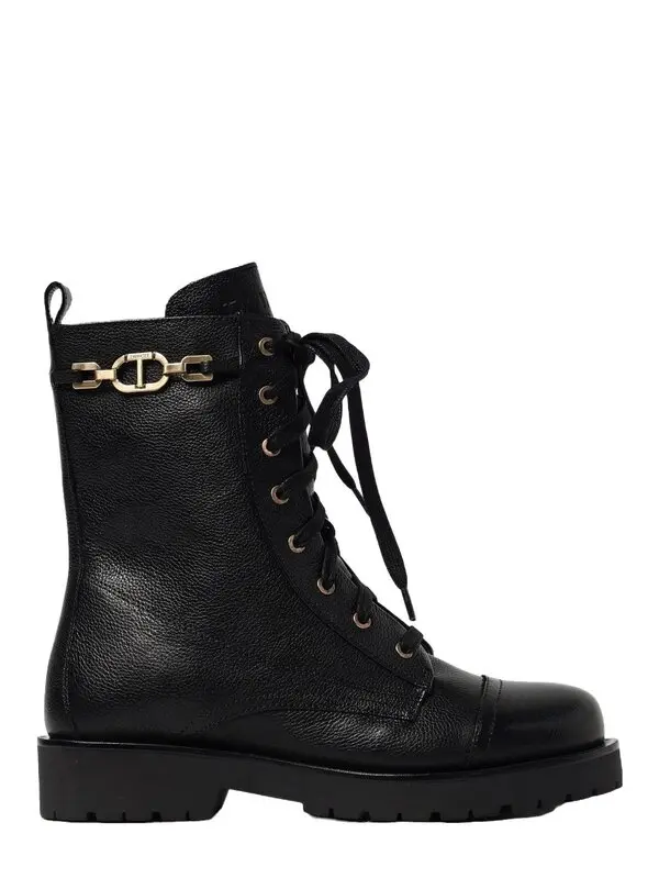 TWINSET Leather Combat Boots With Chain Detail - Black
