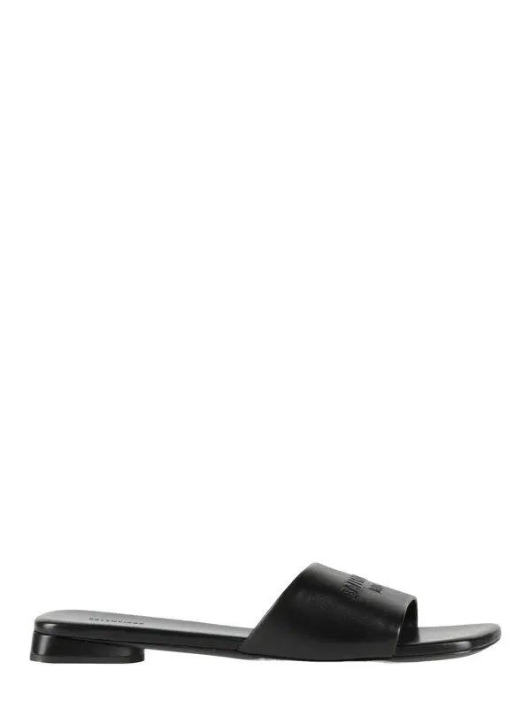 Balenciaga Logo Embossed Leather Flat Slippers - Black