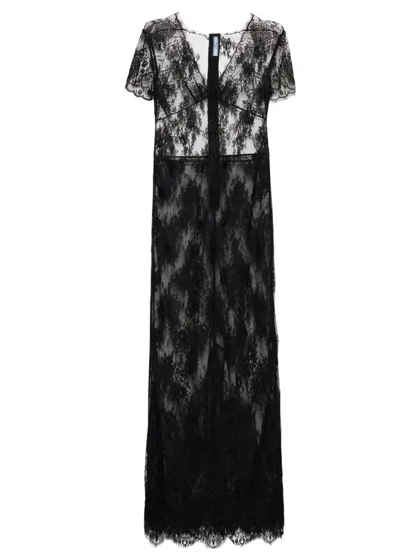 Prada V-neck Lace Maxi Dress With Short Sleeves And Back Slits - Black