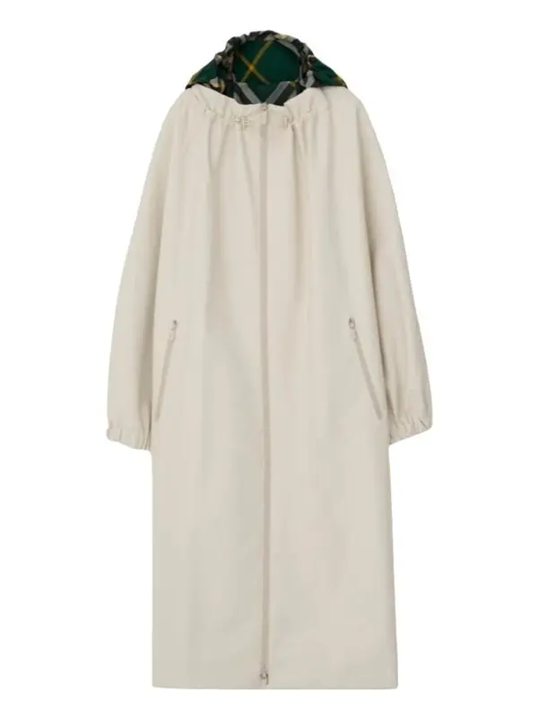 Burberry Checked Hood Zipped Gabardine Parka - White