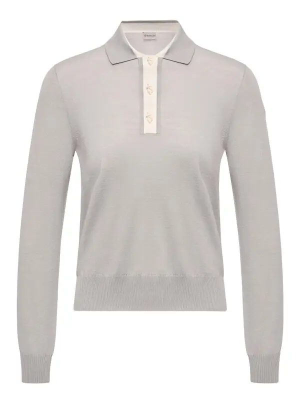 Moncler Wool Long Sleeve Polo Shirt With Viscose Trim - Grey