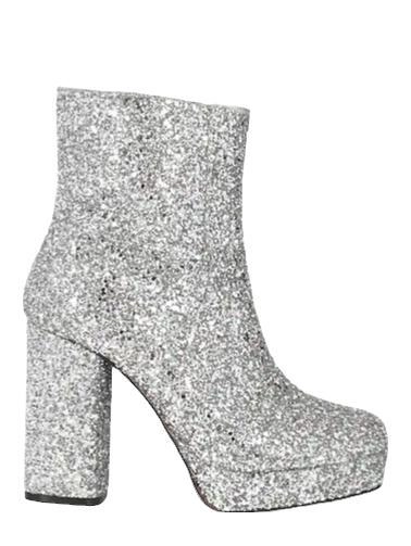 Saint Laurent Glitter Ankle Boots With Geometric Heel - Gray