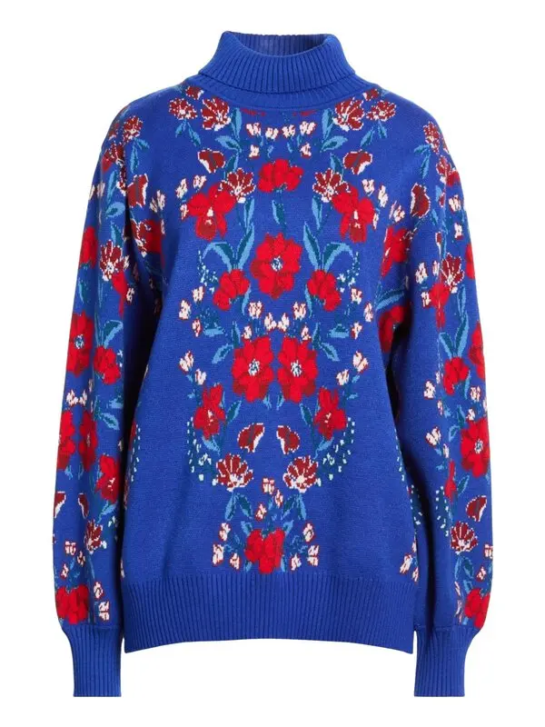 Farm Rio Floral-print Jacquard Knit Turtleneck Sweater - Blue