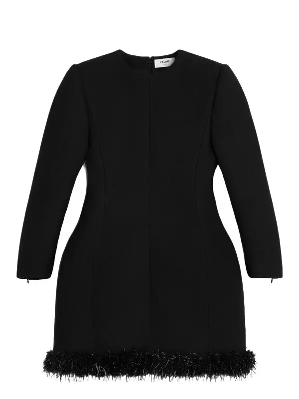 Celine Tricotine Wool Dress With Embroidered Hem - Black