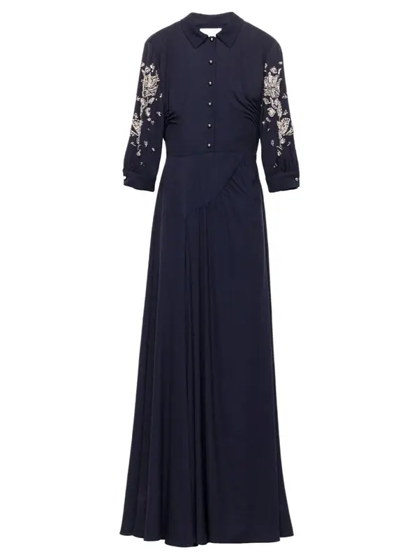 Prada Long Embroidered Sablé Dress - Navy