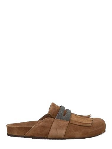 Brunello Cucinelli Flat Clogs With Fringes And Embellishments - Brown